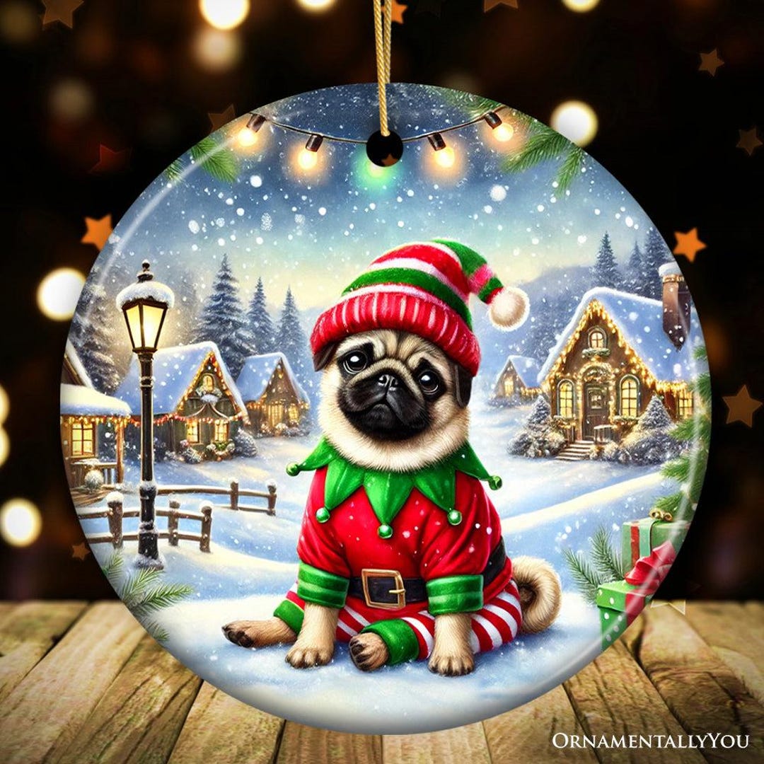 Santa's Little Helper Pug Elf Ornament, Whimsical Canine Christmas ...