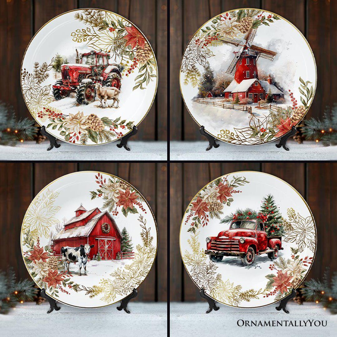Farmhouse Christmas Set of 4 Plates With Real Gold Elements, Holiday ...