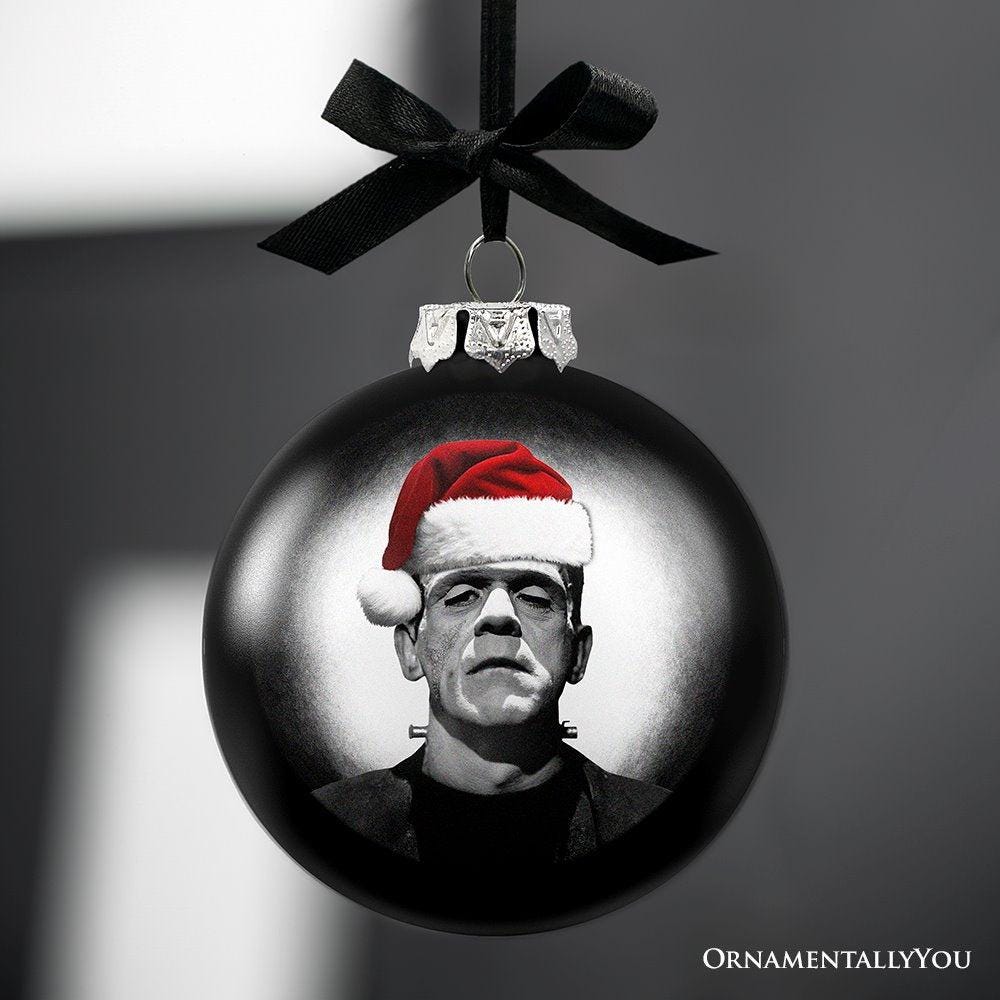 Frankenstein Christmas Spooky Portrait Glass Ornament, Black Horror ...