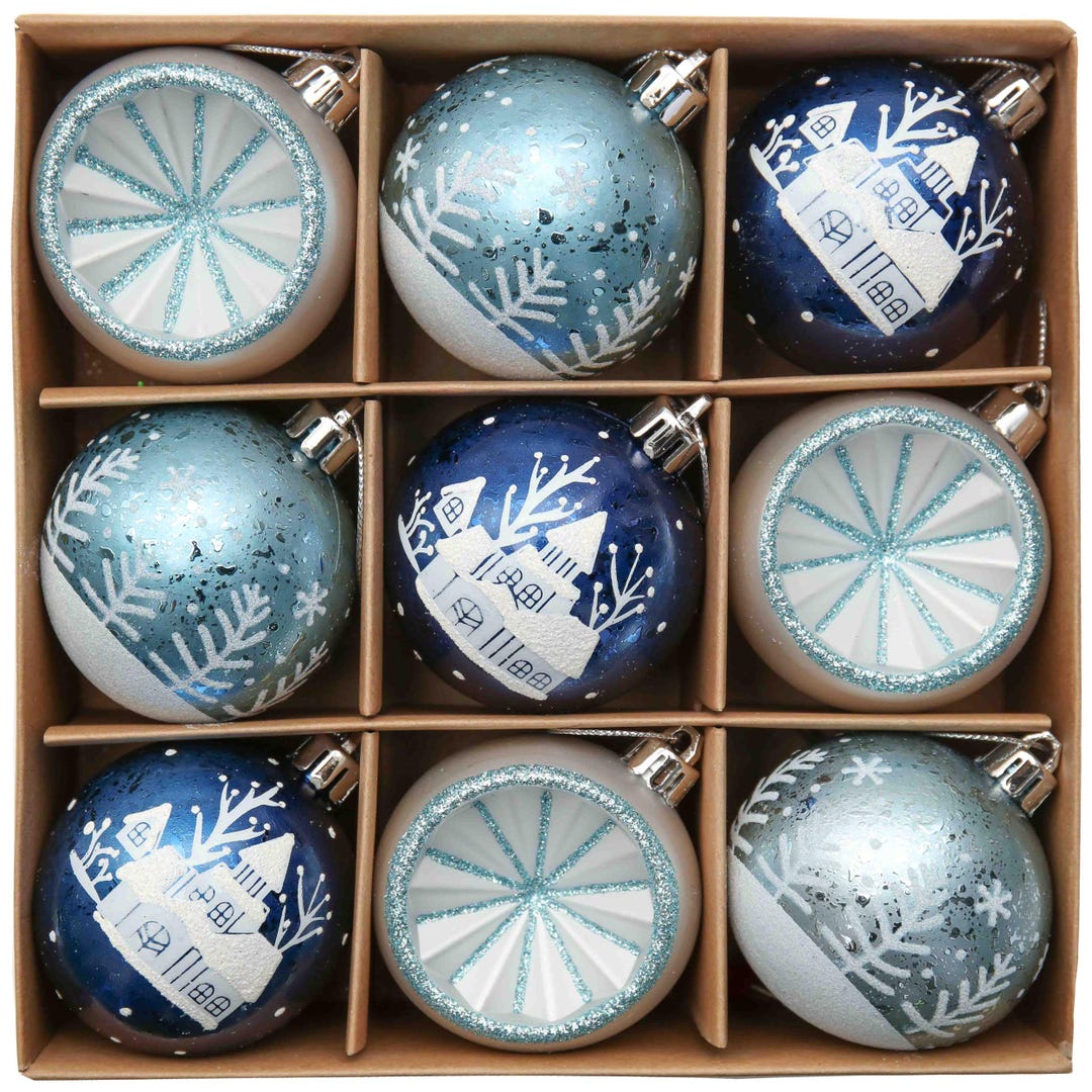 Elegant Blue Winter Theme Christmas Ornament Bundle, 9 Piece Snow and ...