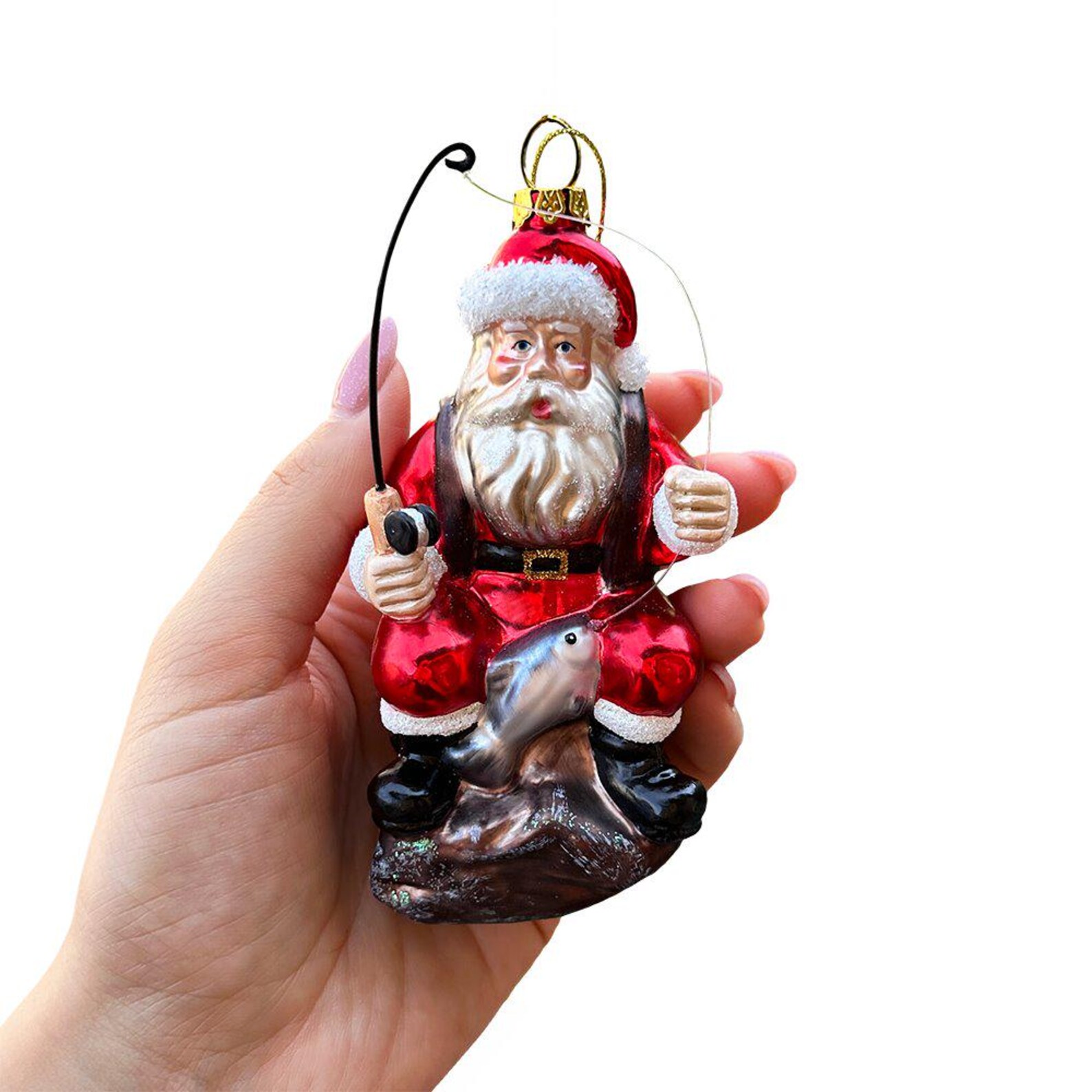 Relaxing Santa Claus Fishing Ornament, Hand Blown Glass Fisherman Gift ...