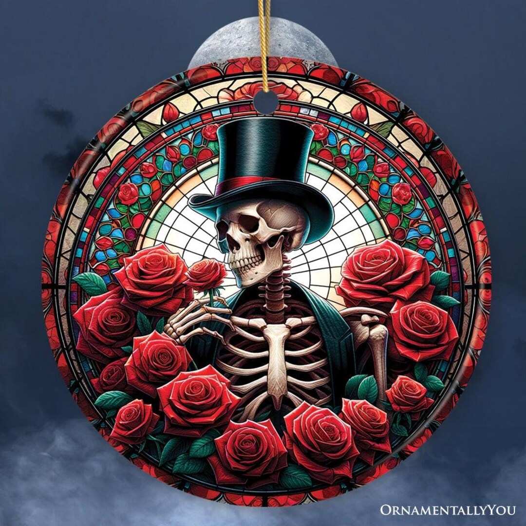 Elegant Bones Top-hat Skeleton With Roses Stained Glass Style Ceramic ...