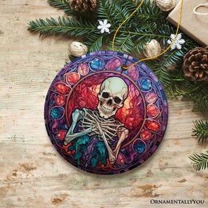 Ghastly Grins Haunted Halloween Skeleton Stained Glass Style Ceramic ...