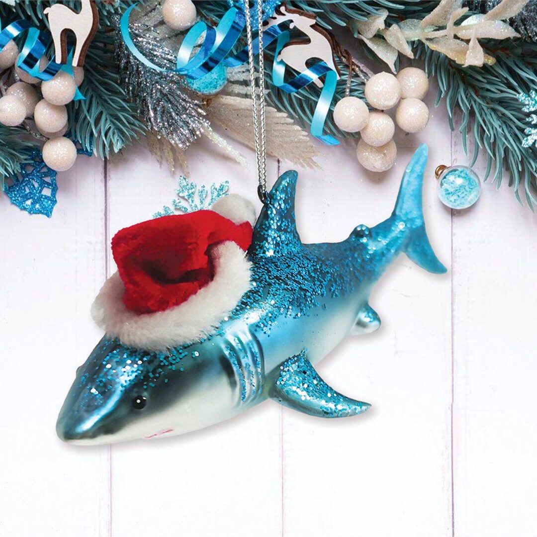 Shark With Santa Hat Glass Christmas Ornament - Etsy