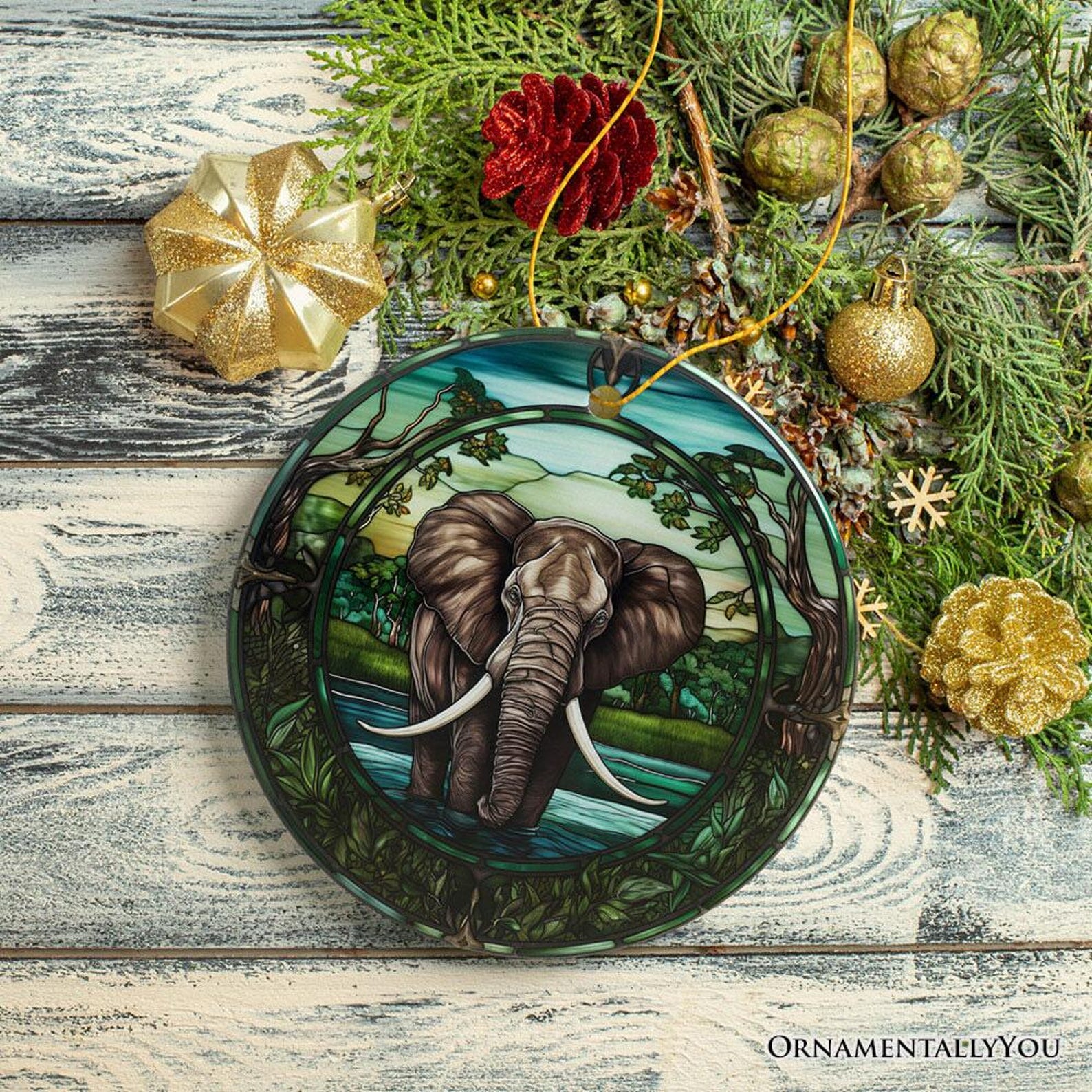 African Pachyderm Elephant Stained Glass Style Ceramic Ornament, Safari ...