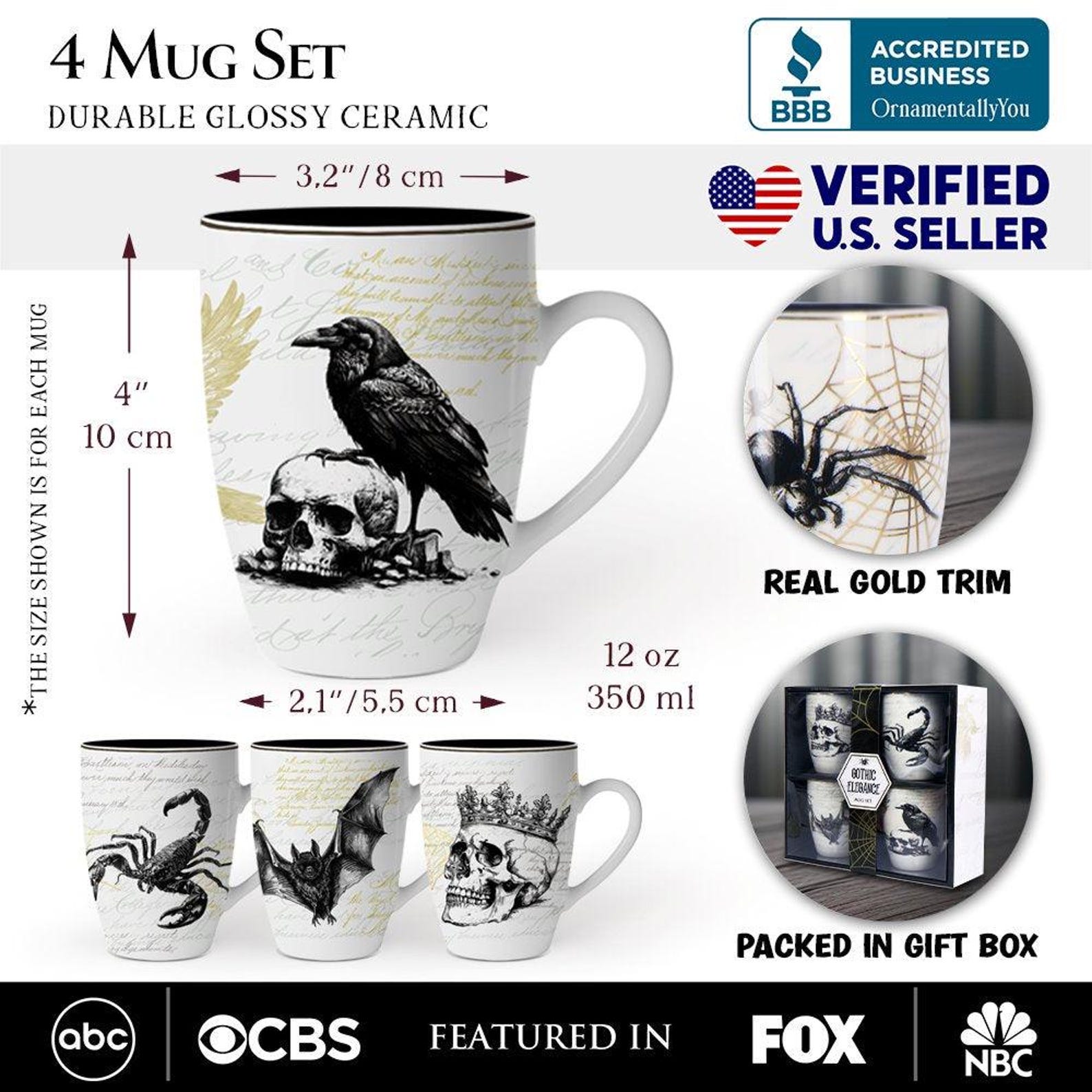 Elegant Goth Set of 4 Ceramic Mugs With Real Gold Trim, Black and White ...