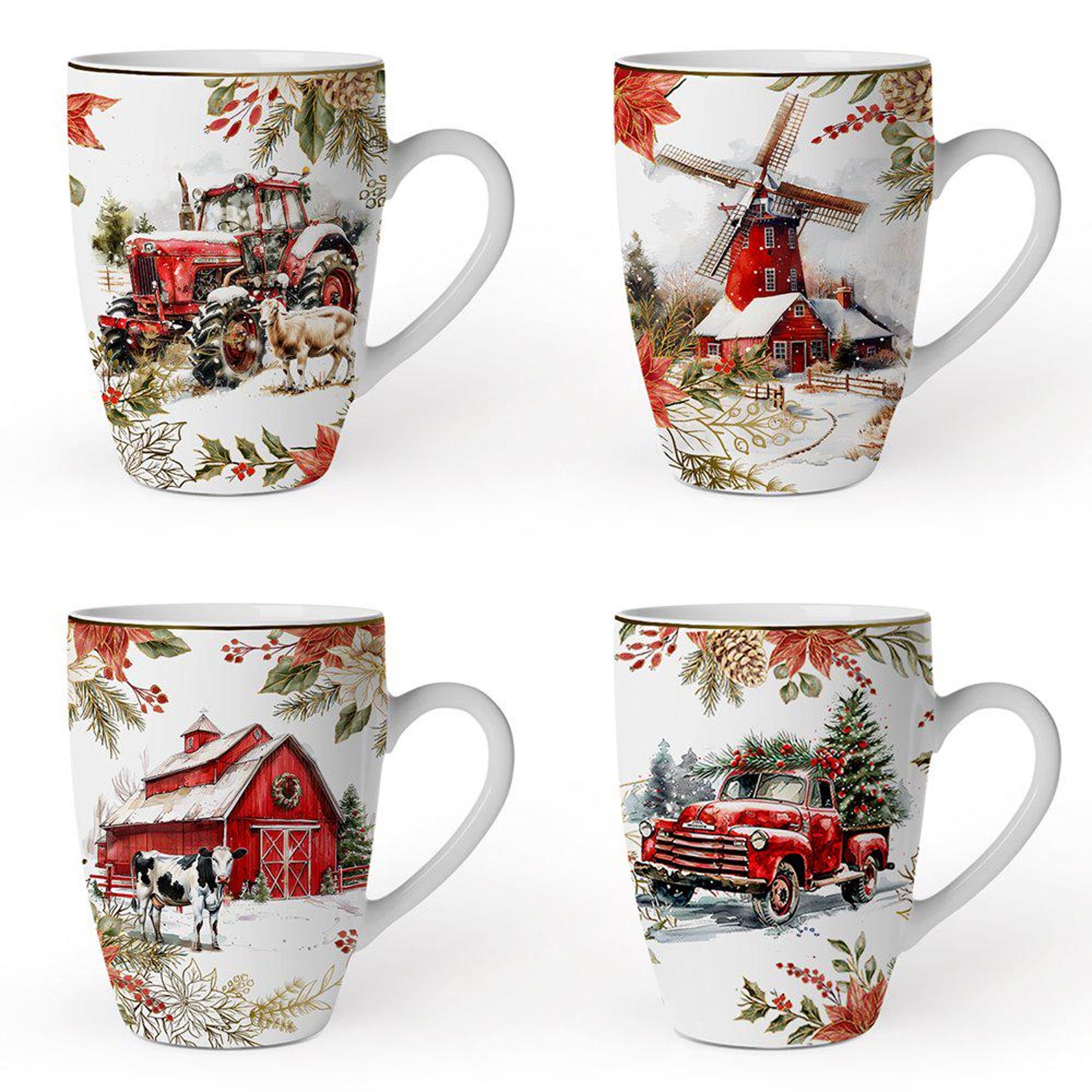 Fancy Farmhouse Holiday Set of 4 Ceramic Mugs With Real Gold Trim ...