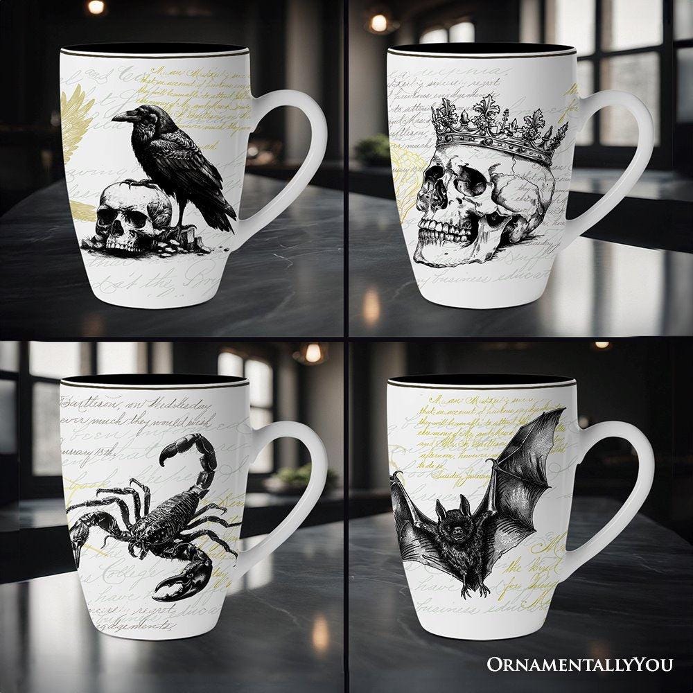 Elegant Goth Set of 4 Ceramic Mugs With Real Gold Trim, Black and White ...