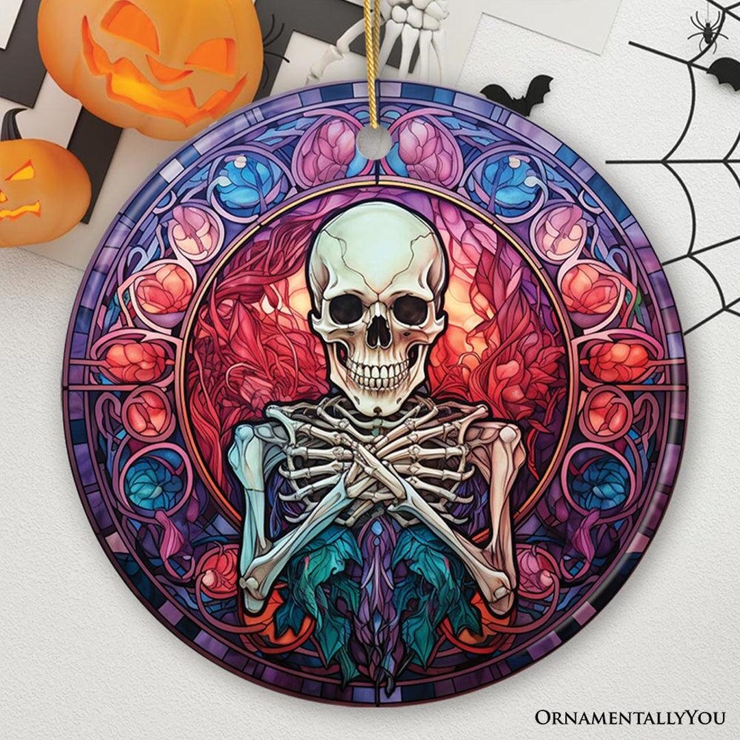 Ghastly Grins Haunted Halloween Skeleton Stained Glass Style Ceramic ...