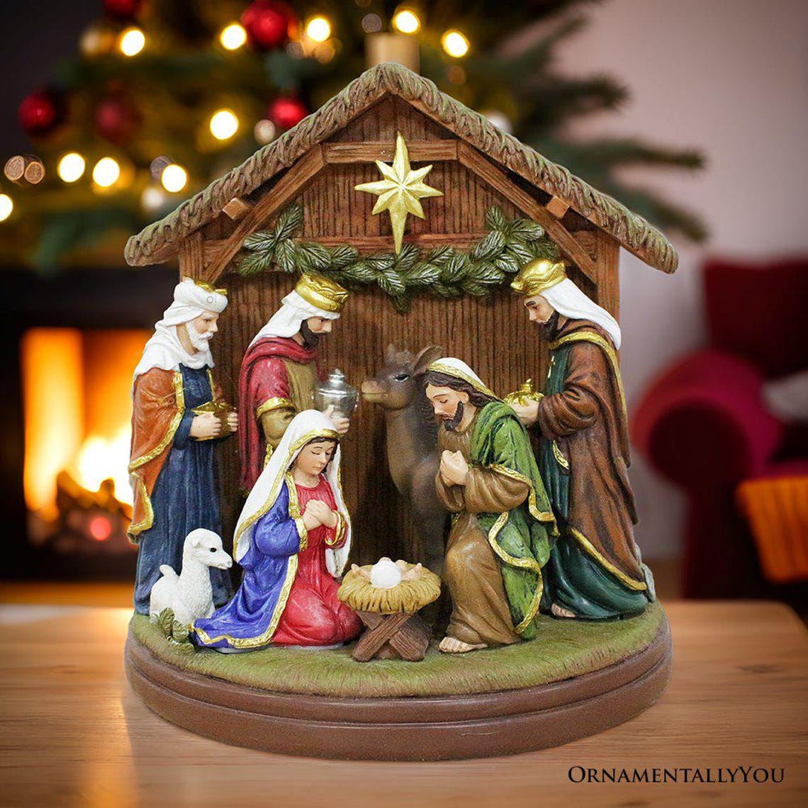 Radiant Nativity Scene Handcrafted Statue Figurine, 7" Birth of Jesus ...