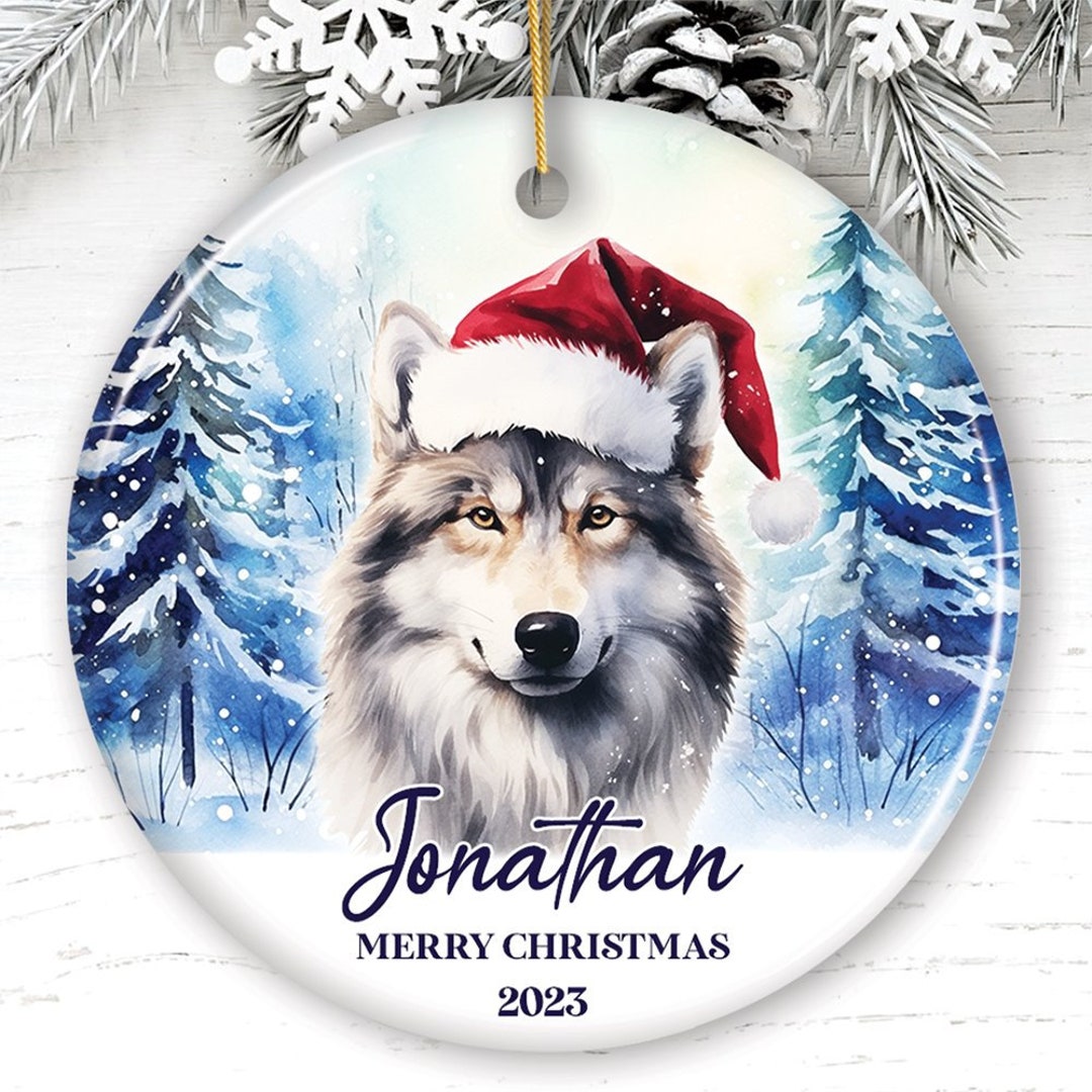 Wolf With Santa Hat Personalized Ornament, Winter Forest Christmas Gift ...