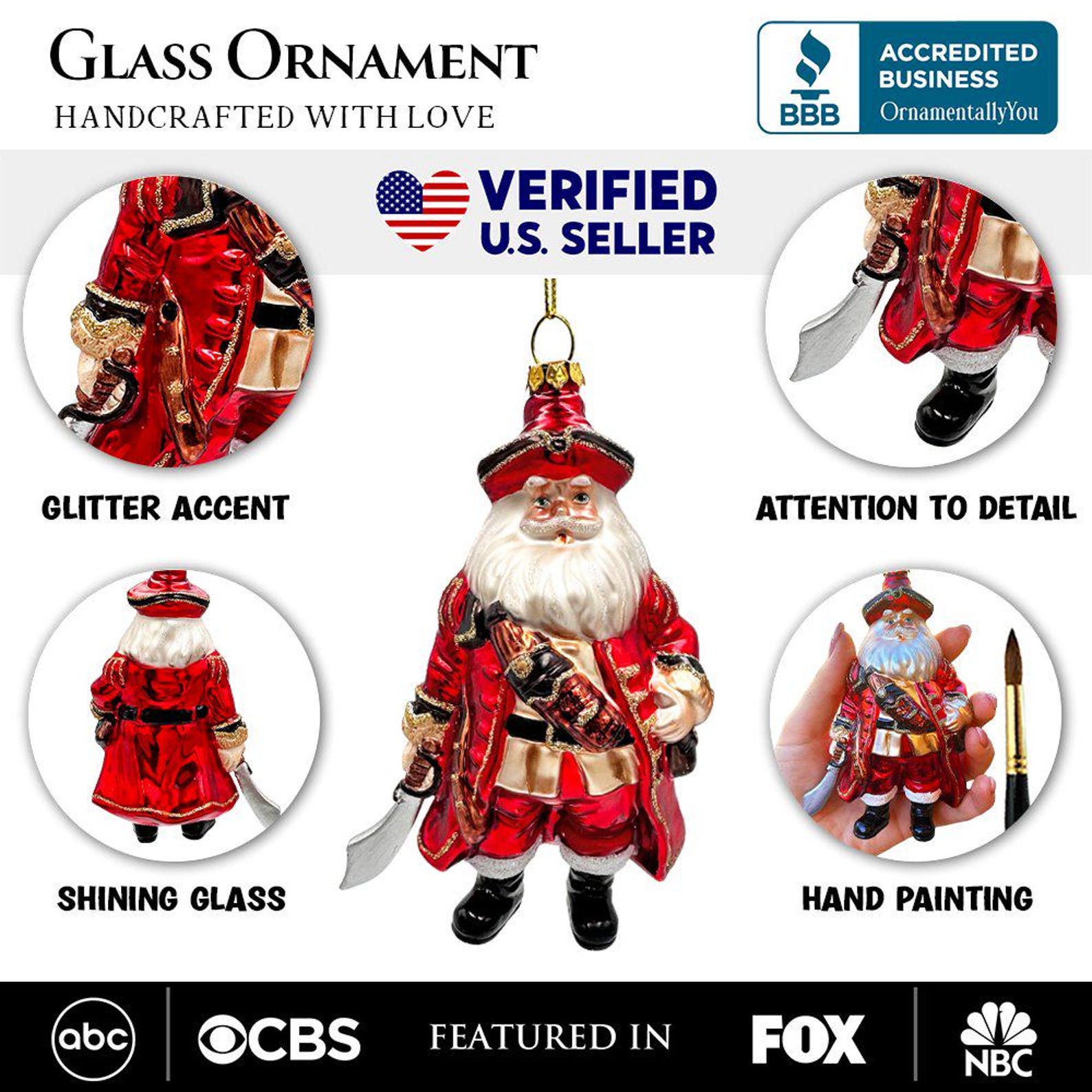 Santa Pirate Glass Christmas Ornament, Sea Sailer Bandit Unique Tree ...