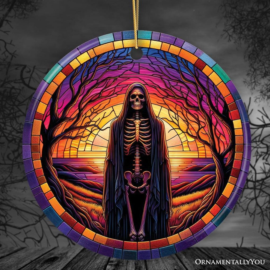 Bony Fright Halloween Skeleton Decor Stained Glass Style Ceramic ...
