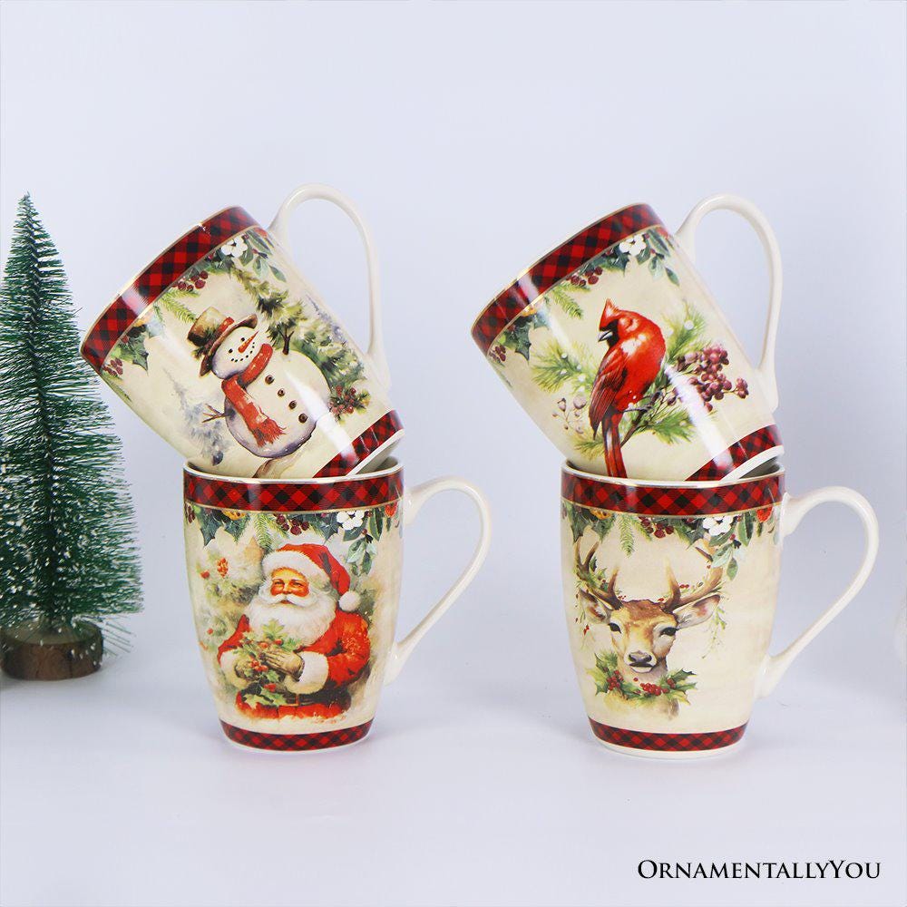 Festive Country Plaid Set of 4 Ceramic Mugs With Real Gold Trim ...