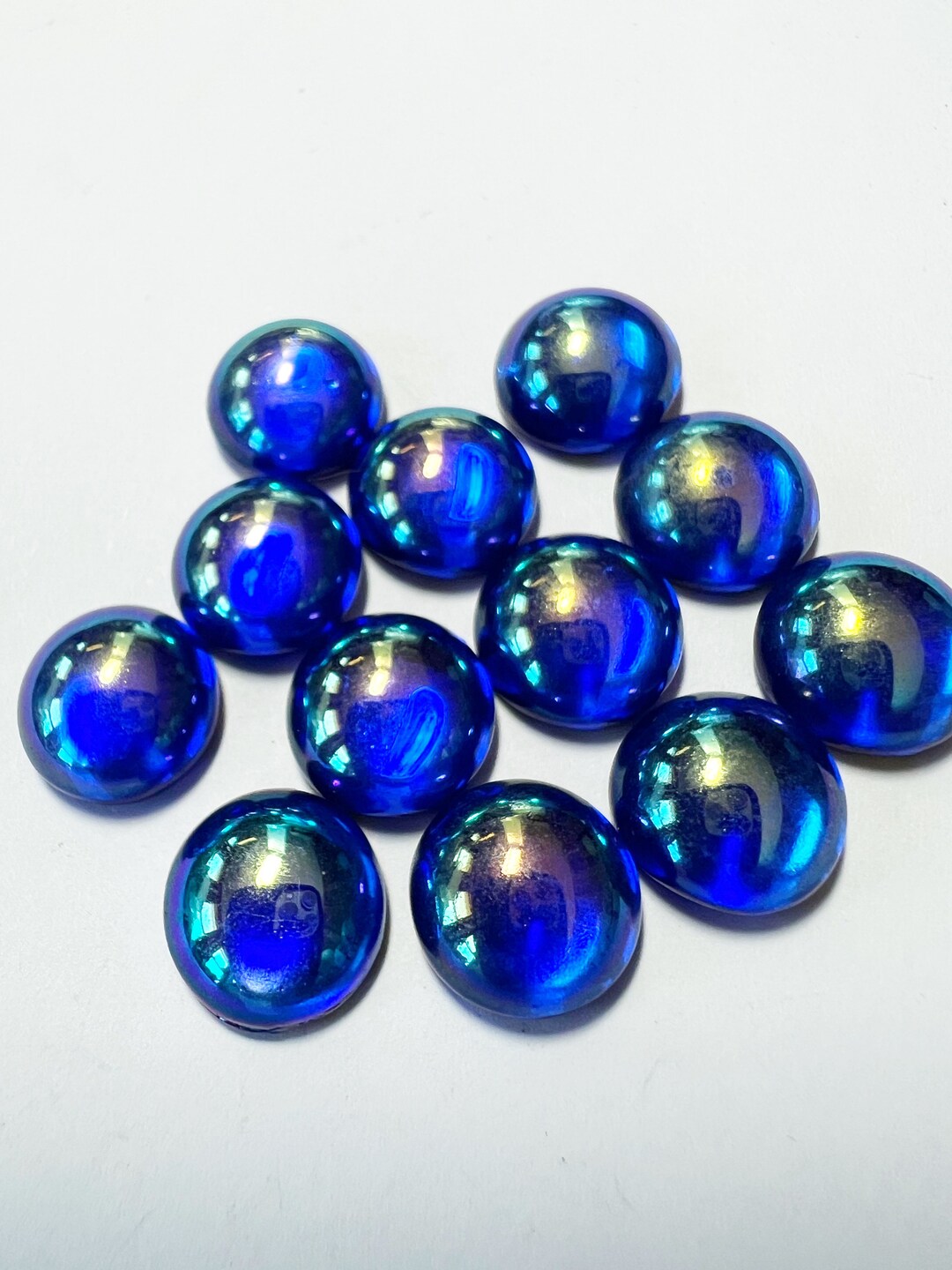 Vintage 10mm Blue AB Finish Round Cabachons, 12 Blue NOS Cabochons ...