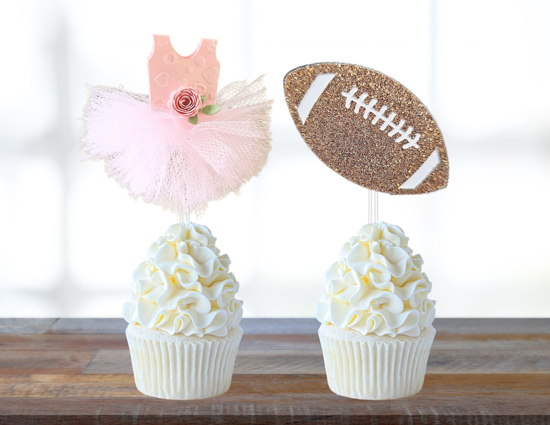 Tutus or Footballs Cupcake Toppers, Gender Reveal Cupcake Toppers, Baby ...