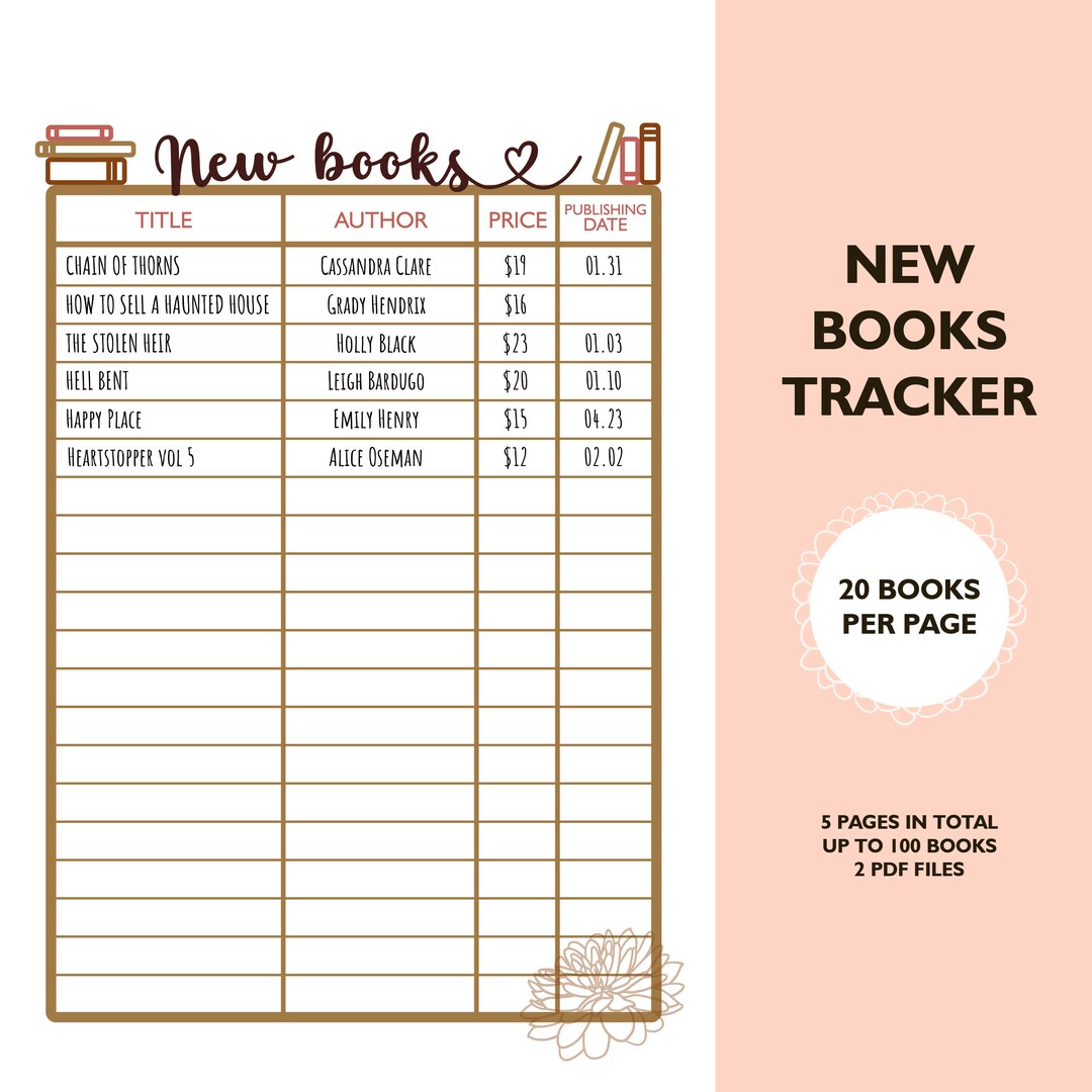 New Books Tracker | Printable Reading List | Instant Digital Download ...