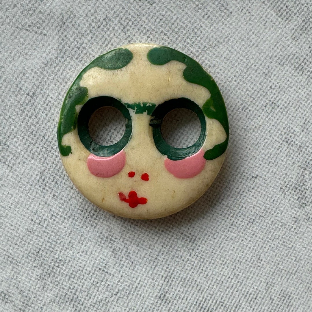 Vintage Painted Bone Button, Girl With Glasses, Painted Face Button ...