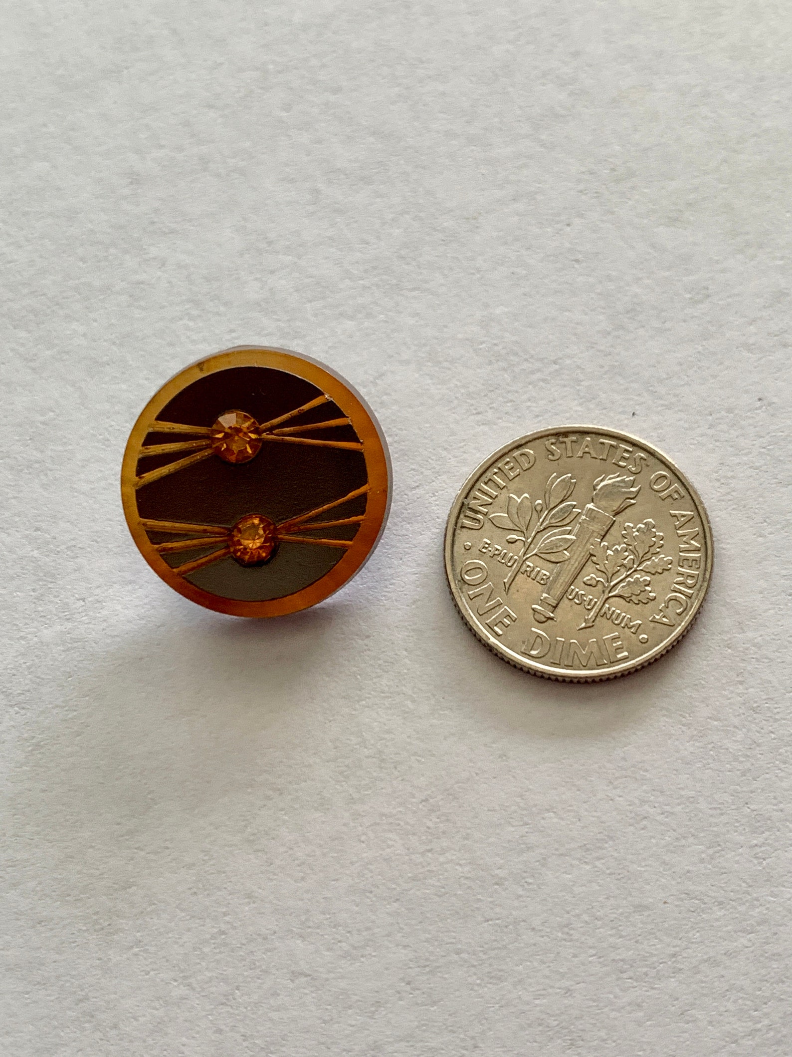 Vintage Transparent Amber Plastic Button, Two Colored Rhinestones ...