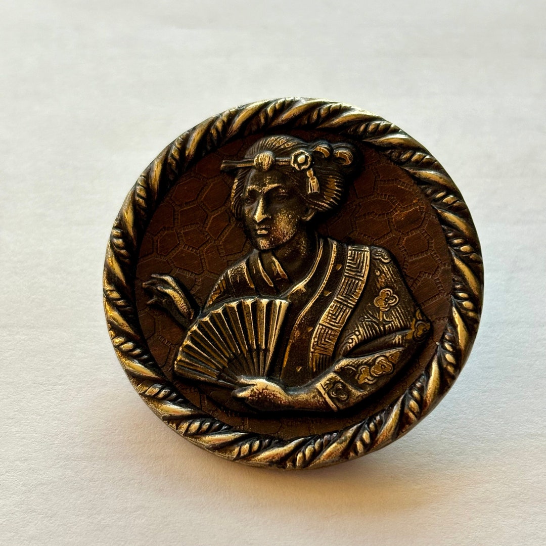 VERY LARGE Antique Oriental Button, Geisha Lady With Fan, Tinted Brass ...