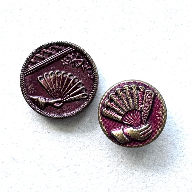 Pair of Antique Tinted Buttons, Fans and Hands Motif, Two Piece Metal ...