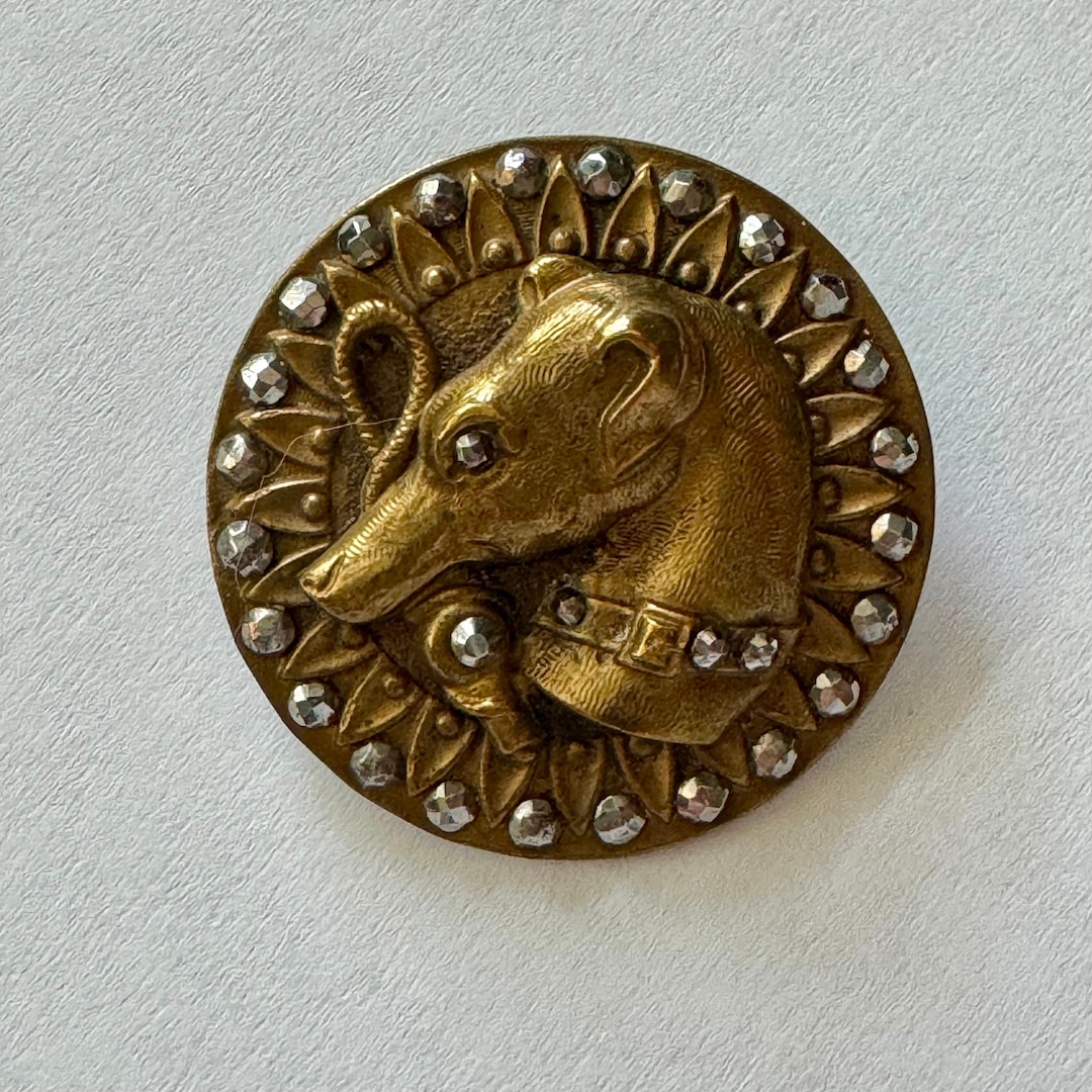 Large Antique Brass Button, Whippet With Whip in Mouth and Faceted Cut ...
