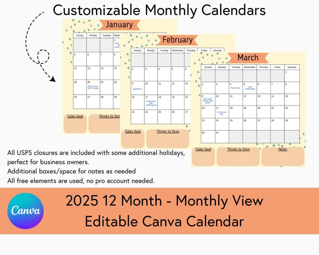 2025 Calendar Canva Template, Canva Template, 2025 Calendar Template ...