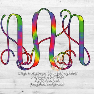 Tie Dye Script PNG, Monogram PNG, Tie Dye Print, Retro, Full Alphabet ...