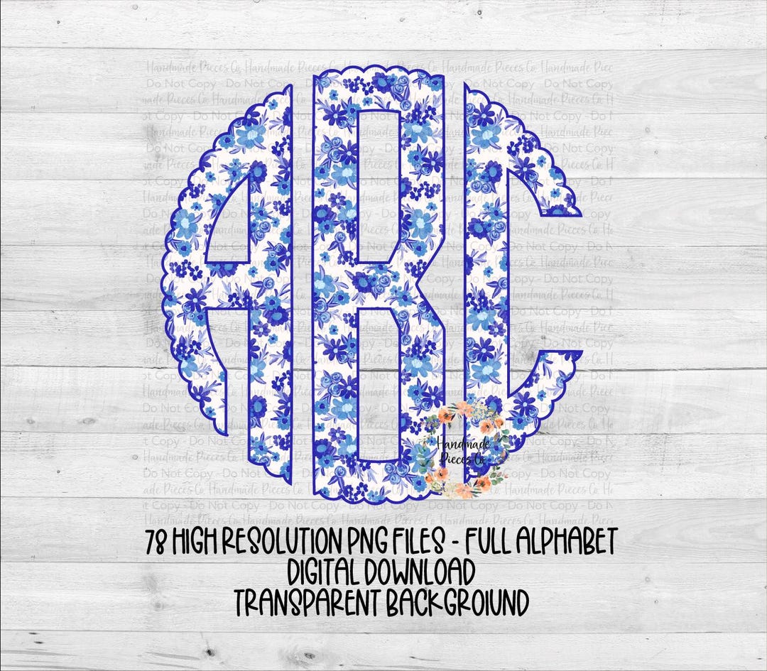 Floral Monogram, Blue Floral Monogram, Watercolor Floral, Scallop PNG ...