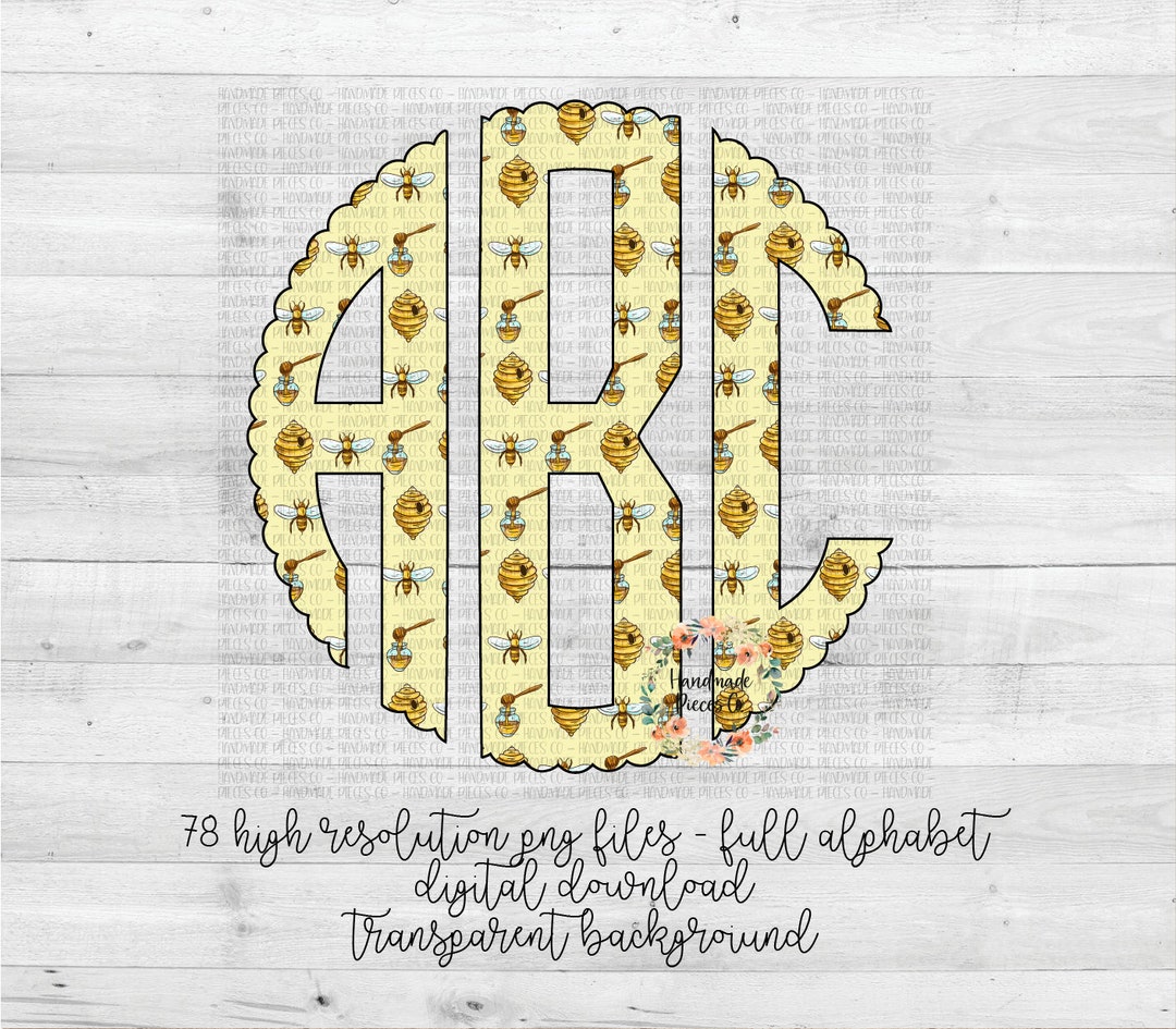 Bee Monogram PNG, Bee and Honey Monogram, Scallop PNG, Full Alphabet ...