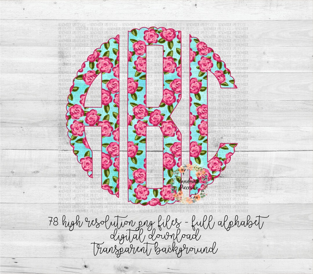 Pink Rose Monogram, Preppy Monogram, Floral Monogram, Scallop PNG, Full ...