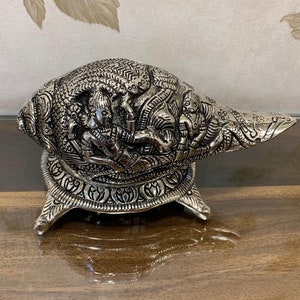Vishnu Lakshmi Engraved Sankh With Stand, German Silver Conch Shell ...