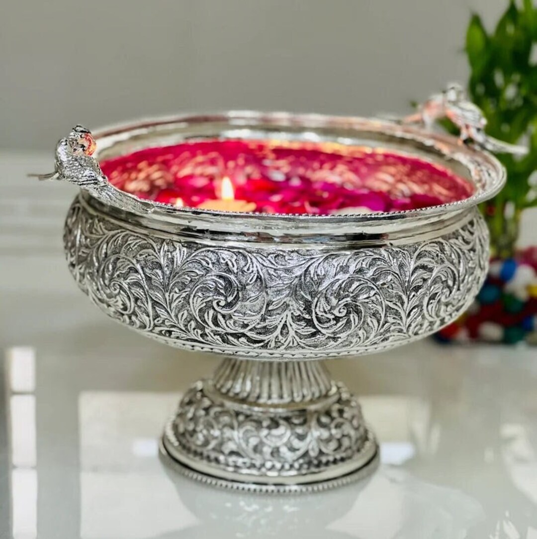 Urli Stand, Silver Urli Bowl, Indian Hand Carved Decorative Uruli ...