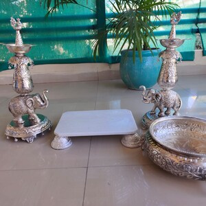 Combo of Silver Elephant Samayee Diya Pair With Marble Chowki Tray and ...