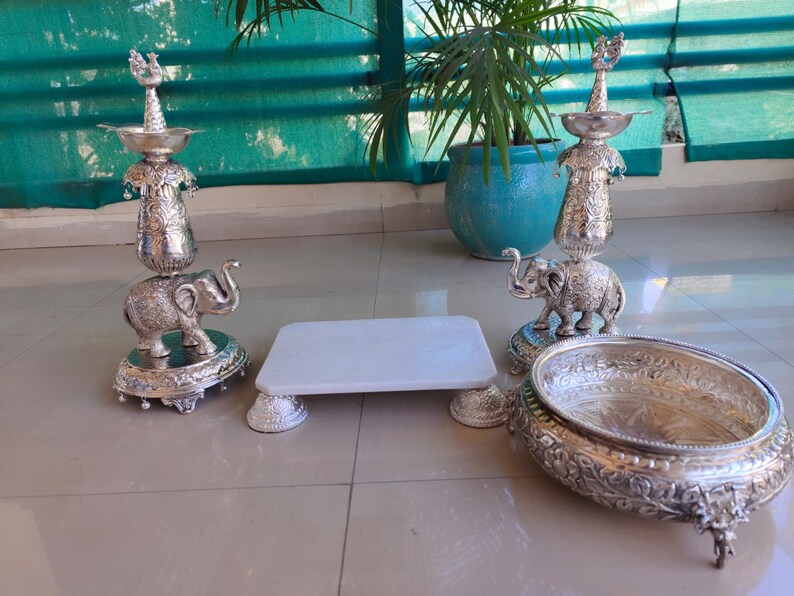 Combo of Silver Elephant Samayee Diya Pair With Marble Chowki - Etsy