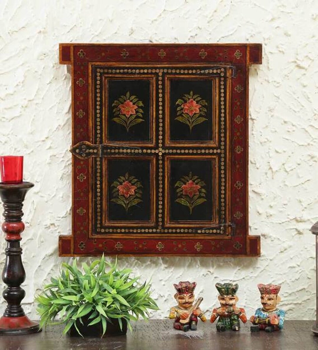 Solid Wood Floral Painted Jharokha Frame, Hand Carved Wooden Jharoka ...