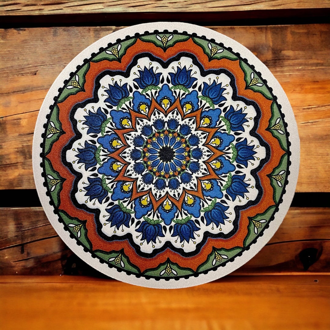 MP18 Rust, Blue, Green and Yellow Mandala With White Border Trivet ...