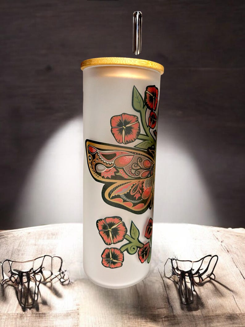 GT14 25oz Red Pentagram DEATH HEAD MOTH Frosted Tall Glass Tumbler With ...