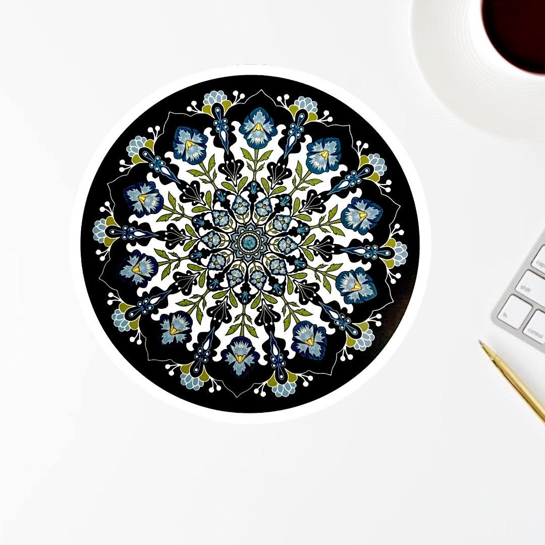 MP22 Blue Pansies With Green Leaves Mandala With White Border Trivet ...
