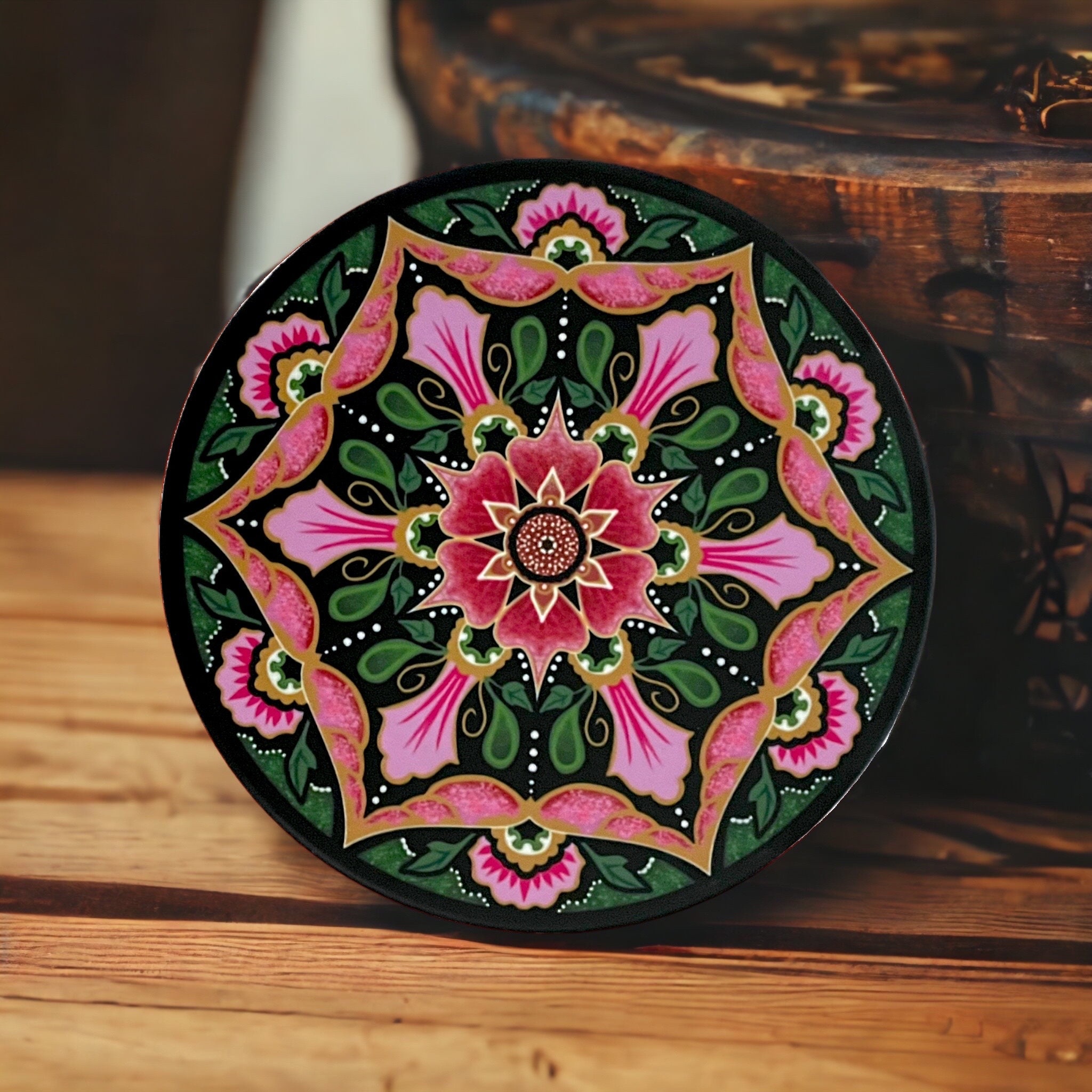 W21 Mix of Pinks Floral Matte Mandala Set of 4 - 4.25” Ceramic Coasters ...