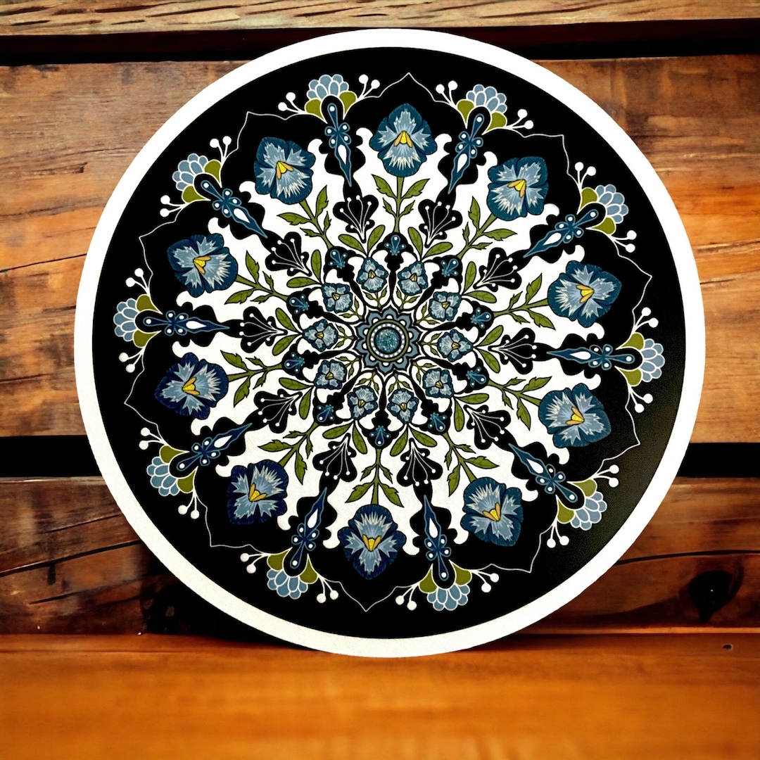 MP22 Blue Pansies With Green Leaves Mandala With White Border Trivet ...