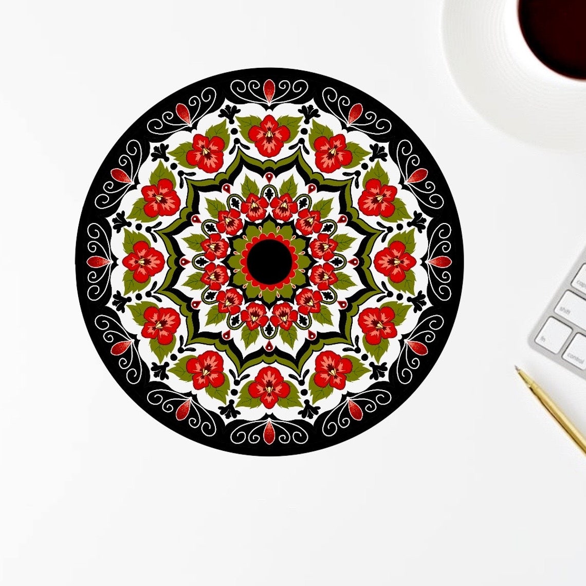 MP21 Red Pansies With Green Leaves Mandala With White Border Trivet ...