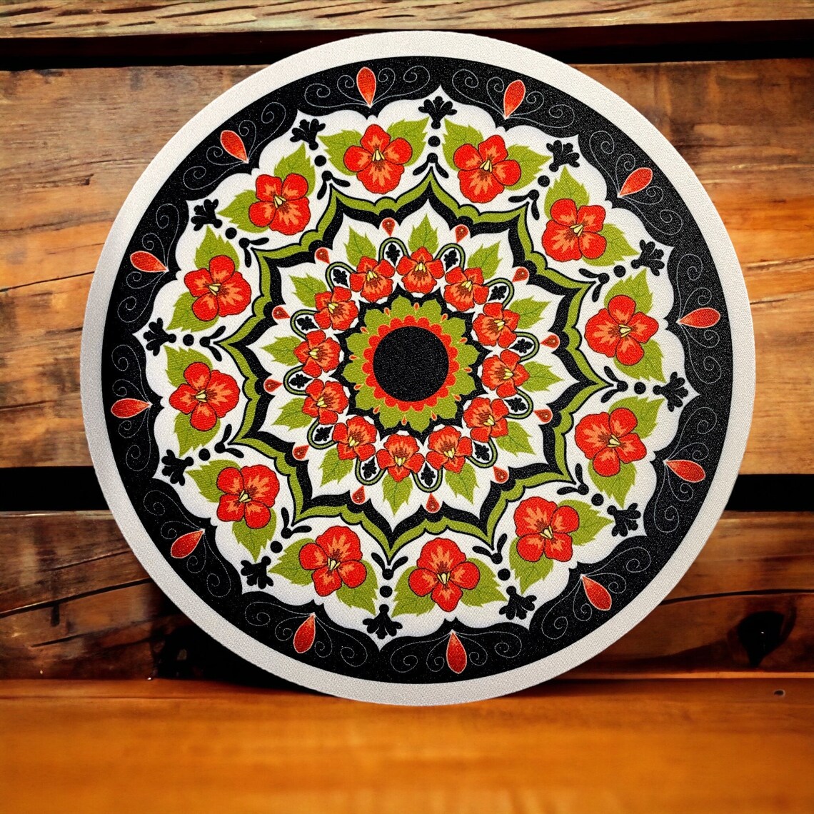 MP21 Red Pansies With Green Leaves Mandala With White Border Trivet ...