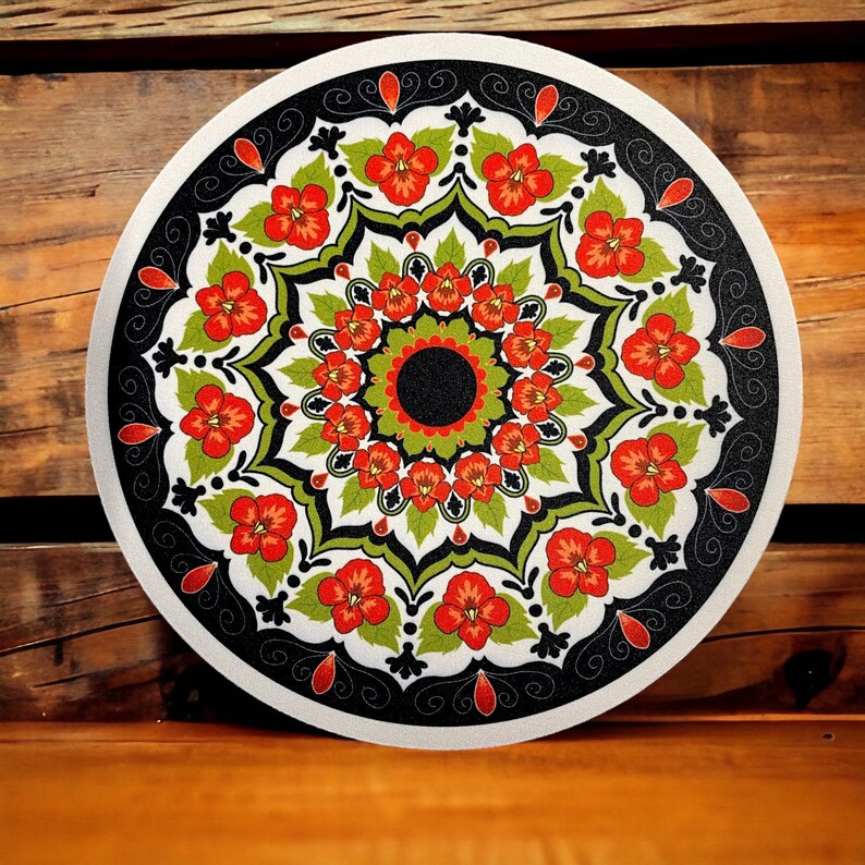 MP21 Red Pansies With Green Leaves Mandala With White Border Trivet ...