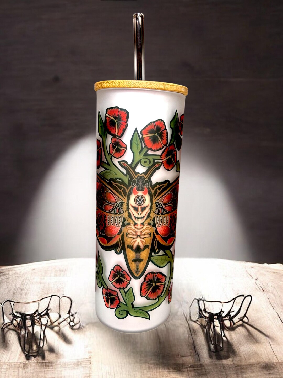 GT14 25oz Red Pentagram DEATH HEAD MOTH Frosted Tall Glass Tumbler With ...