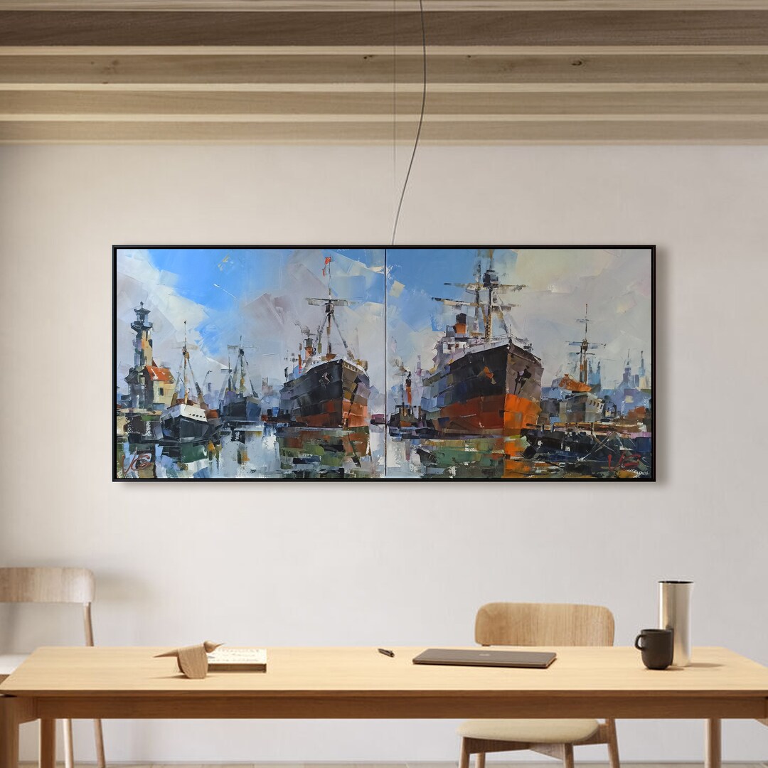Original Oil Painting, Golden Age Port City, Lighthouse Diptych - Etsy