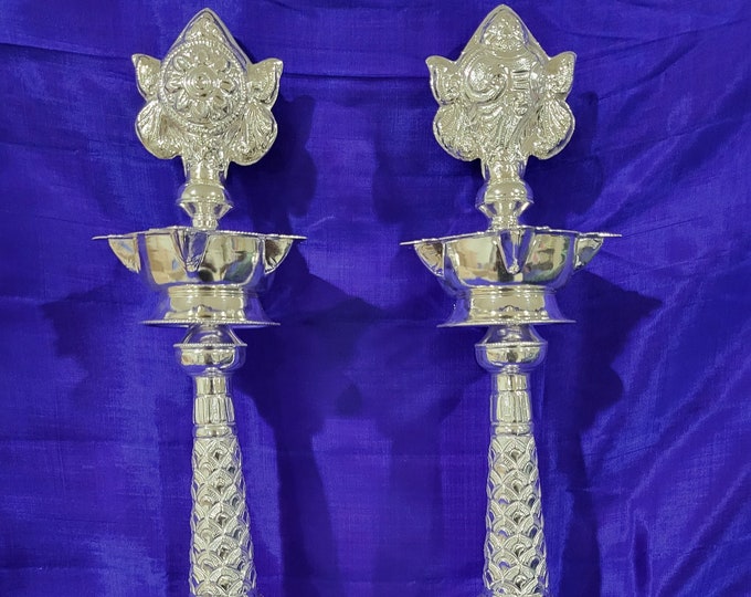 15" Pure Silver Shanku Chakra Lamp Kuthu Villakku Diya Kundulu Pair - Etsy