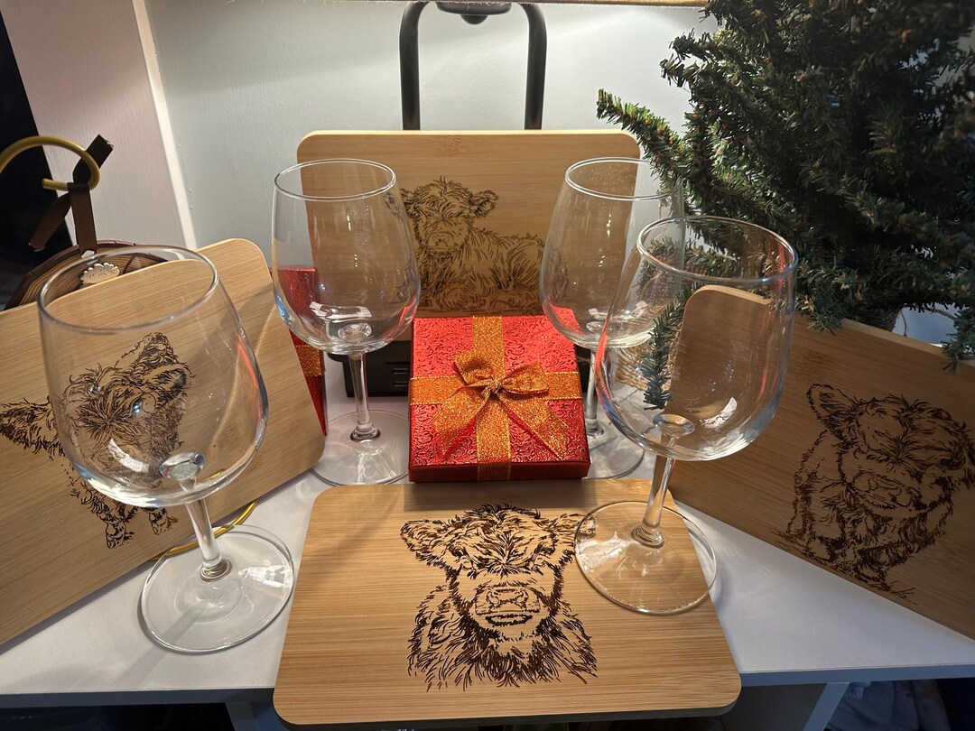 Engraved Highland Cow Themed Wine and Cheese Appetizer Tray and Glasses ...