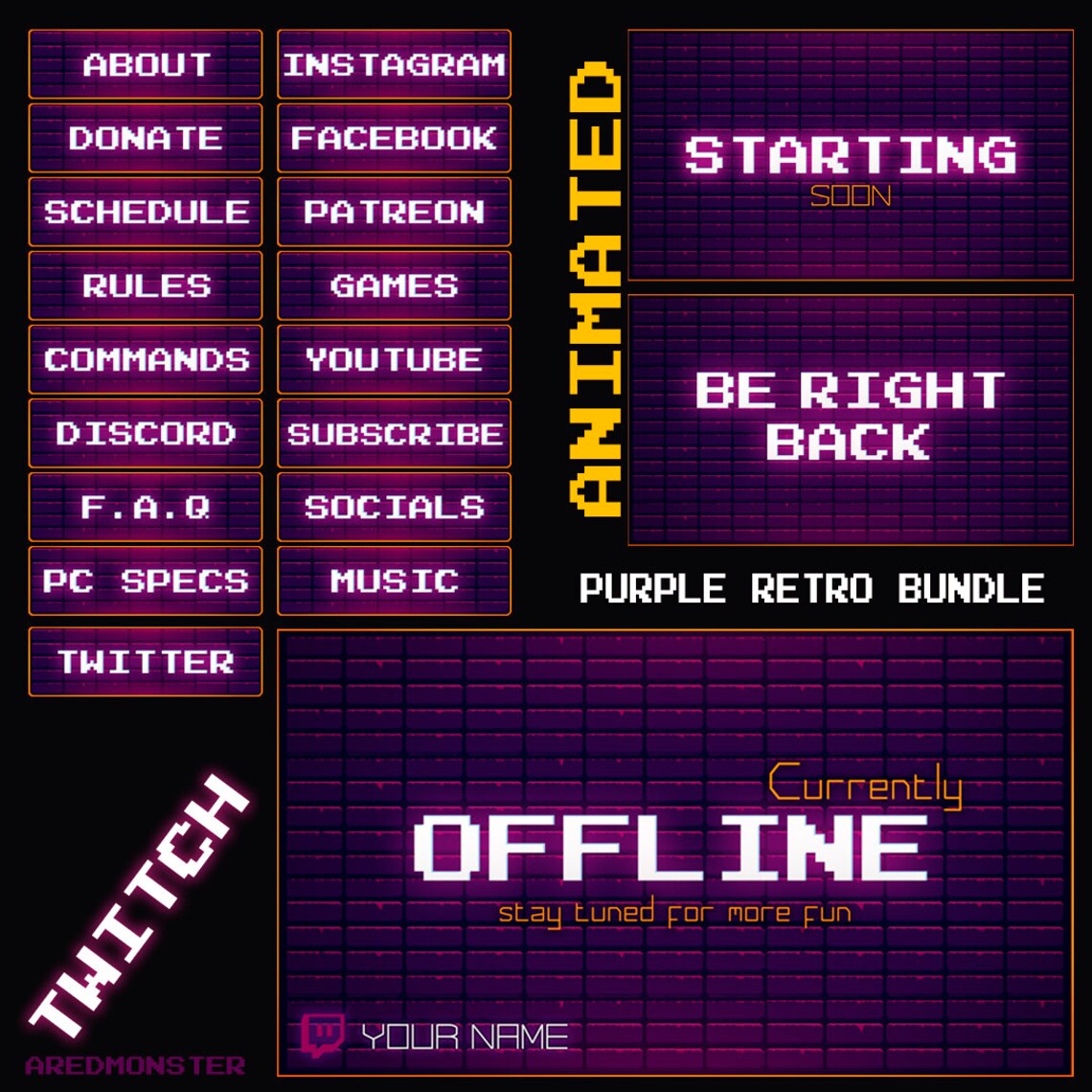 Purple Retro Twitch Panels Bundle, Offline Screen, Animated Be Right ...