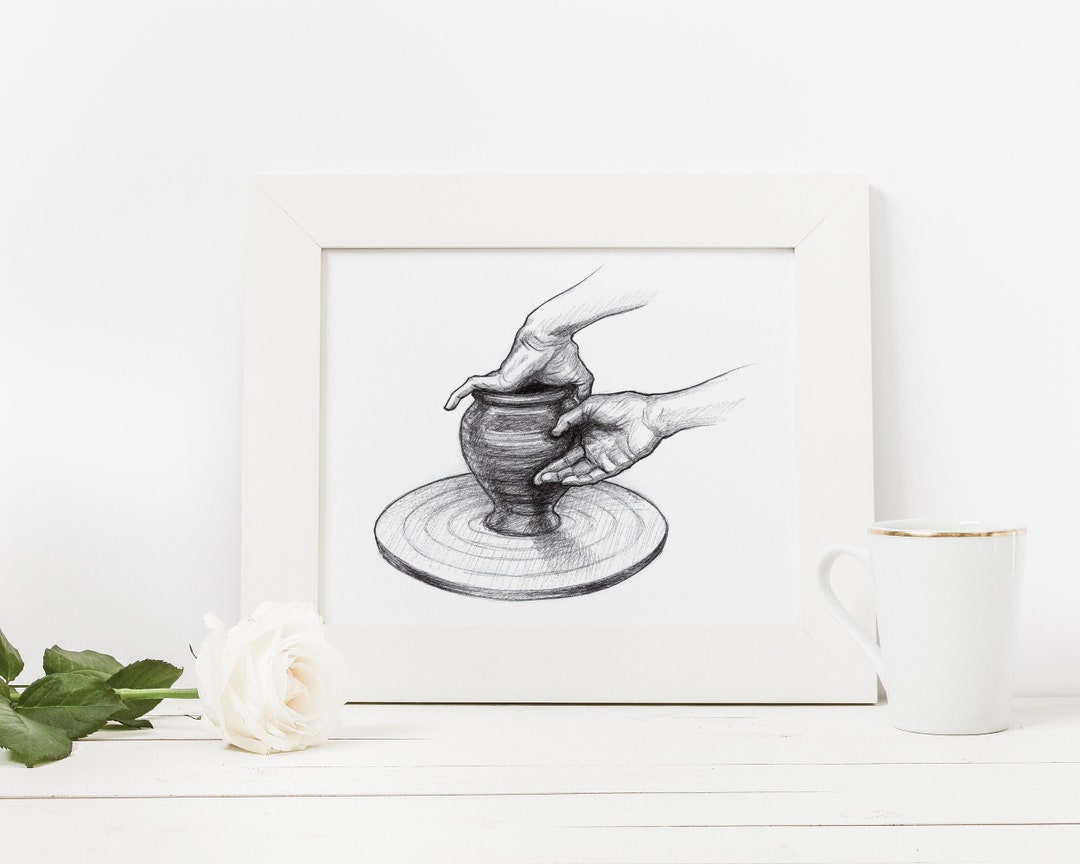 Hands Throwing Pottery on the Wheel, Illustration Art Print, Ceramics ...